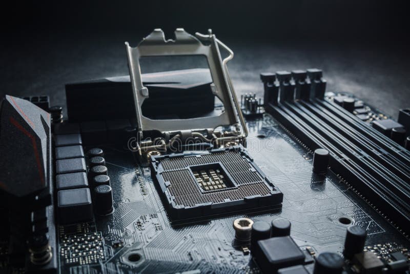 Close-Up of CPU Socket on a Modern Computer Motherboard. Electronic ...
