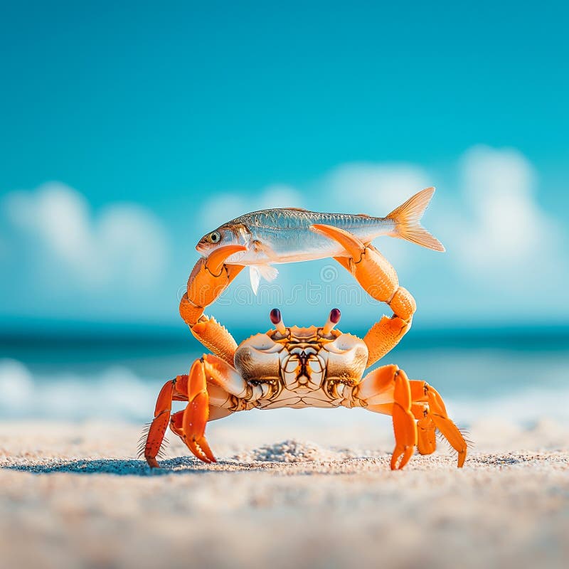 A Close Up of a Crab on a Beach with a Fish on Its Back Stock ...