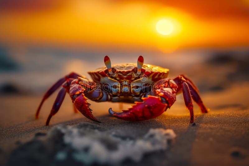 Close Up of Crab on Beach Near the Ocean at Sunset. Generative AI Stock ...