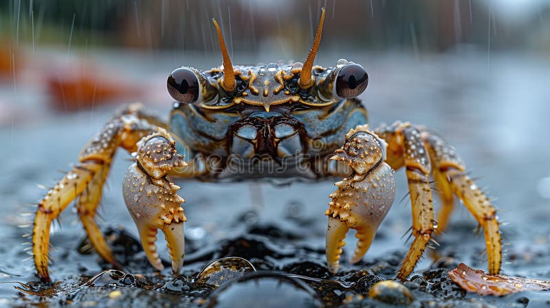 A Close-up of a Crab with Large Eyes, Standing on a Wet Rocky Surface ...