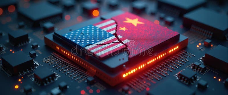 Cracked United States and China Flags on a Computer Chip, Representing ...