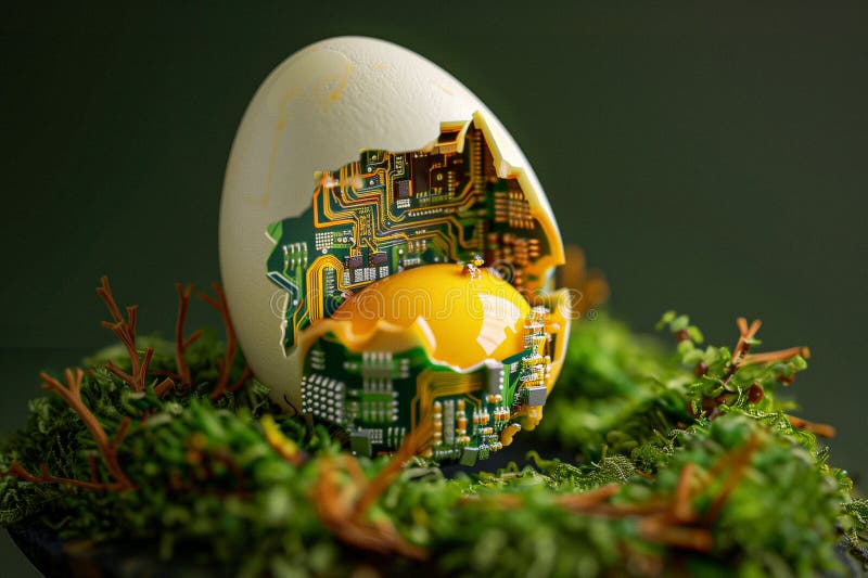 Close-Up of a Cracked Egg Revealing Embedded Technology and Circuitry ...