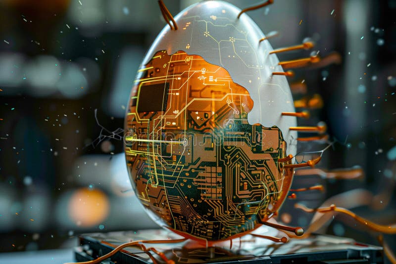 Close-Up of a Cracked Egg Revealing Embedded Technology and Circuitry ...