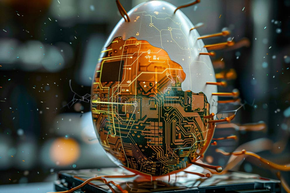Close-Up of a Cracked Egg Revealing Embedded Technology and Circuitry Stock Illustration ...