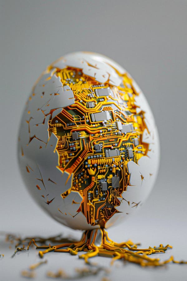Close-Up of a Cracked Egg Revealing Embedded Technology and Circuitry ...