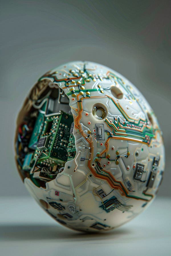 Close-Up of a Cracked Egg Revealing Embedded Technology and Circuitry ...