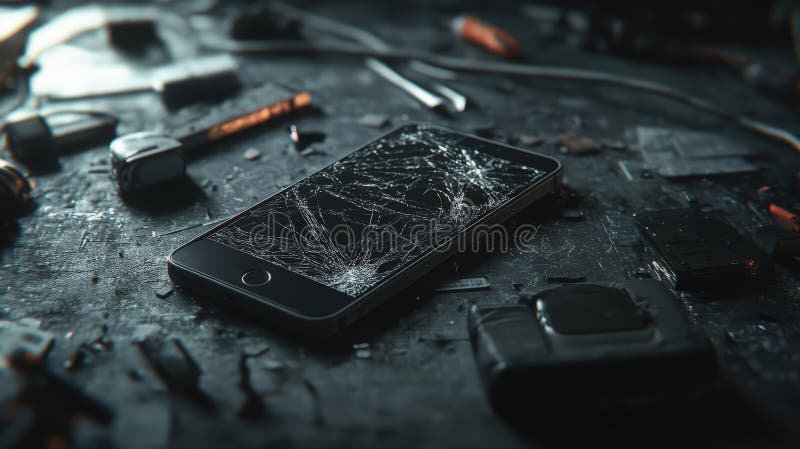 Broken Smartphone on Cluttered Workbench in Dark Setting Stock ...