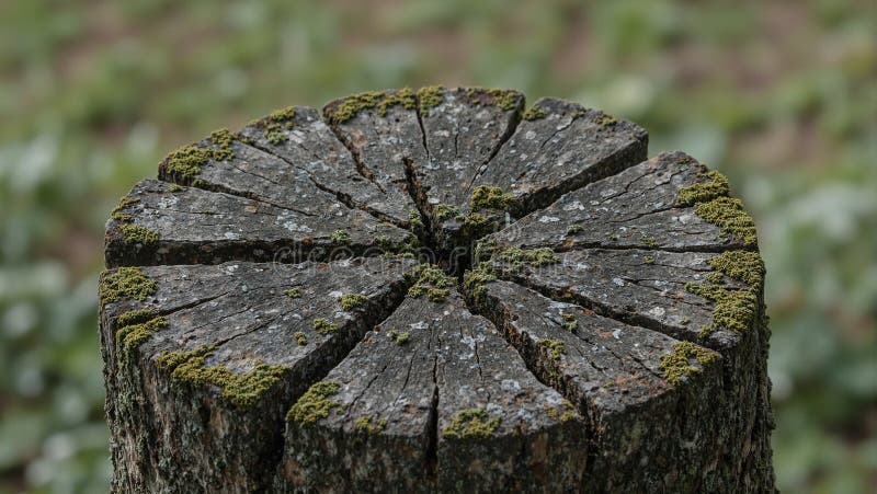 Close Up of Cracked Tree Stump with Clinging Moss Showcasing Effects of ...