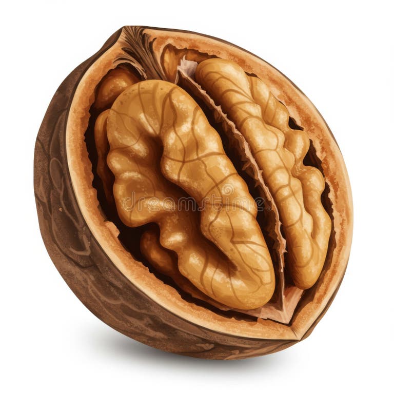 Close Up of a Cracked Walnut with Brown Kernel Against White Background ...
