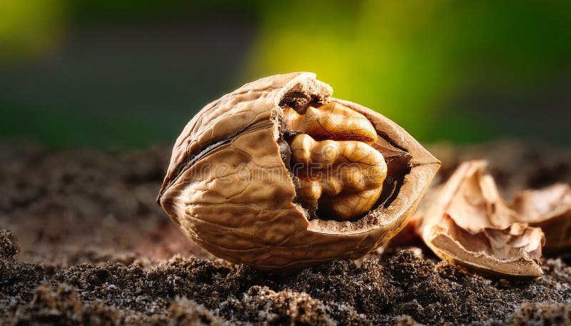 Close-up of Cracked Walnut Revealing Rich, Textured Nut Inside in ...