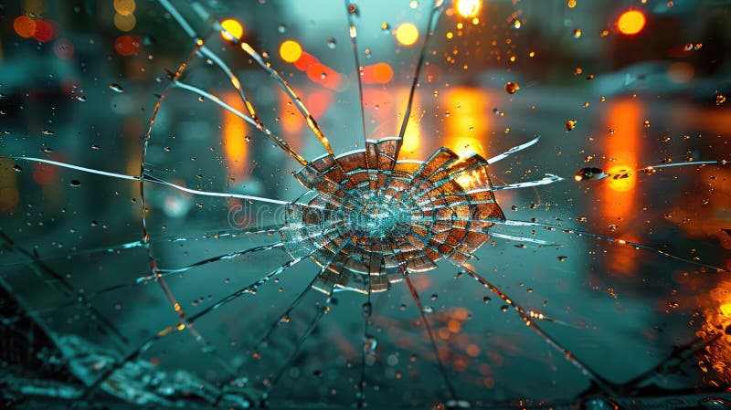 Close-up of Cracked Windshield with Blurred City Lights Stock Photo ...