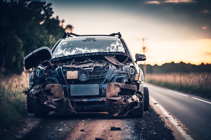 Close-up of a Crashed Car on the Side of the Road in the Countryside ...