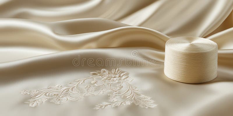 Close Up of Cream Colored Silk Fabric with Floral Embroidery and Spool ...