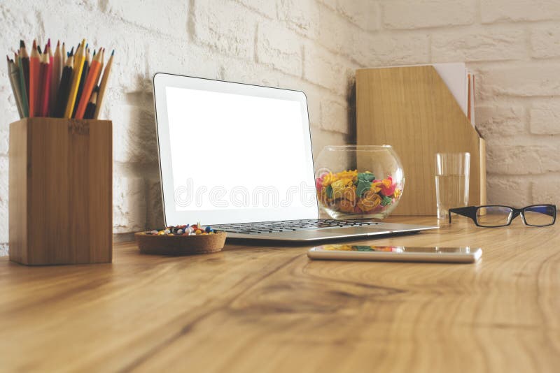Creative Designer Desktop with Empty Laptop Stock Photo - Image of desk ...