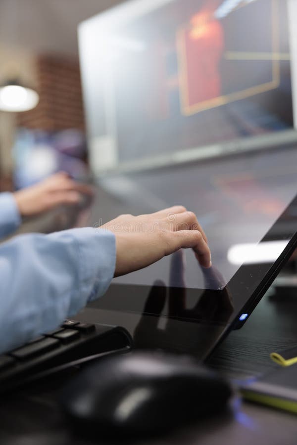 Close Up of Creative Game Creator Hands on Multiple Modern Displays ...