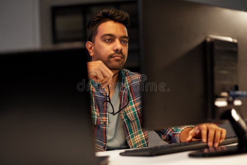 Close Up of Creative Man Working at Night Office Stock Image - Image of ...