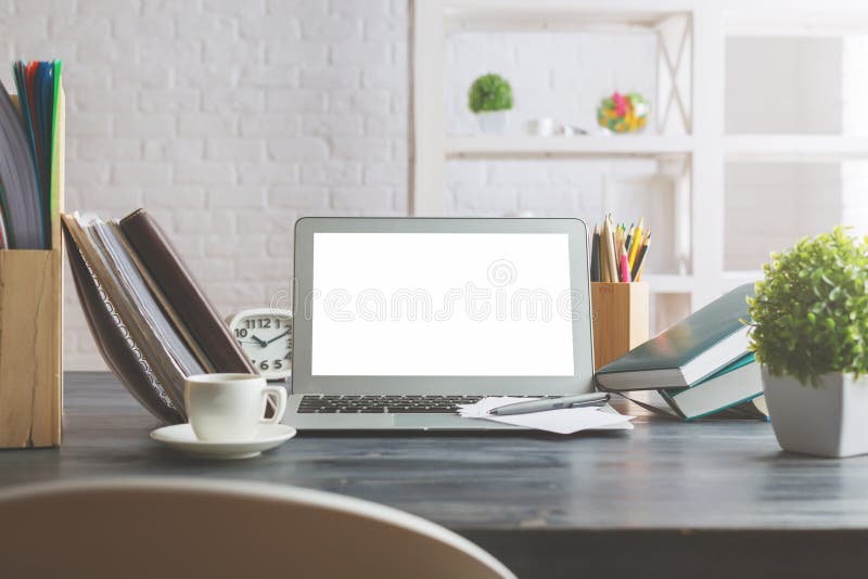 Modern Desk Top with Empty White Laptop Stock Photo - Image of interior ...