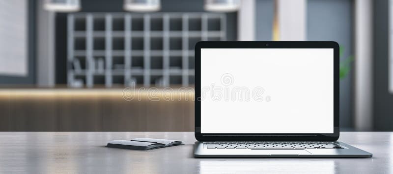 Close Up of Creative Wide Designer Desktop with Empty White Laptop and ...
