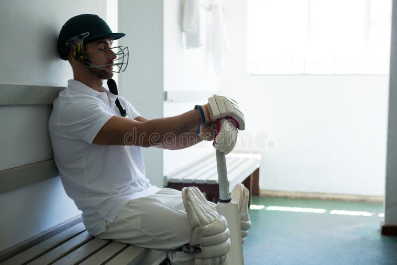 Close Up of Cricket Player Sitting on Bench Stock Image - Image of ...