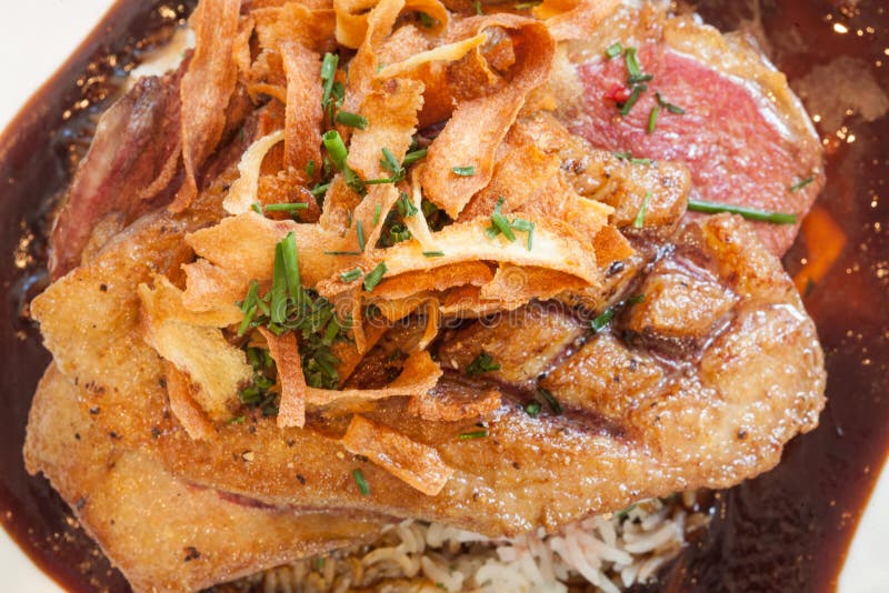 Close Up of Crispy Duck on Bed of Rice with Gravy Stock Image - Image ...