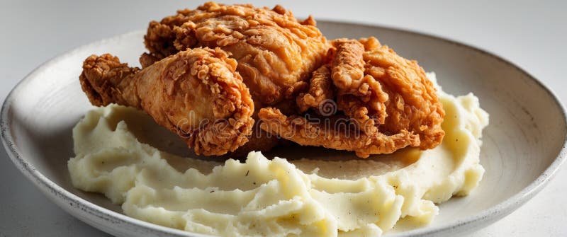 Close Up of Crispy Fried Chicken with Mashed Potatoes on a White Plate ...