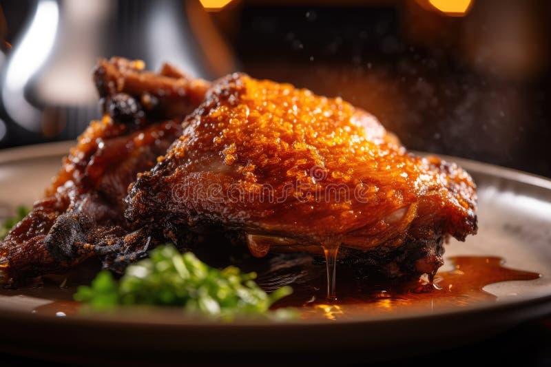 Close-up of Crispy Fried Duck, with Droplets of Oil and Spices Visible ...