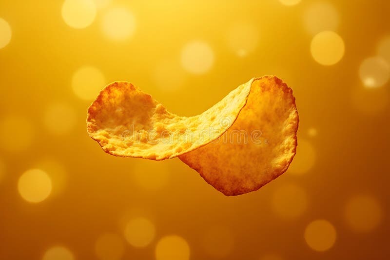 Single Potato Chip Floating on a Golden Background with Bokeh Effect ...