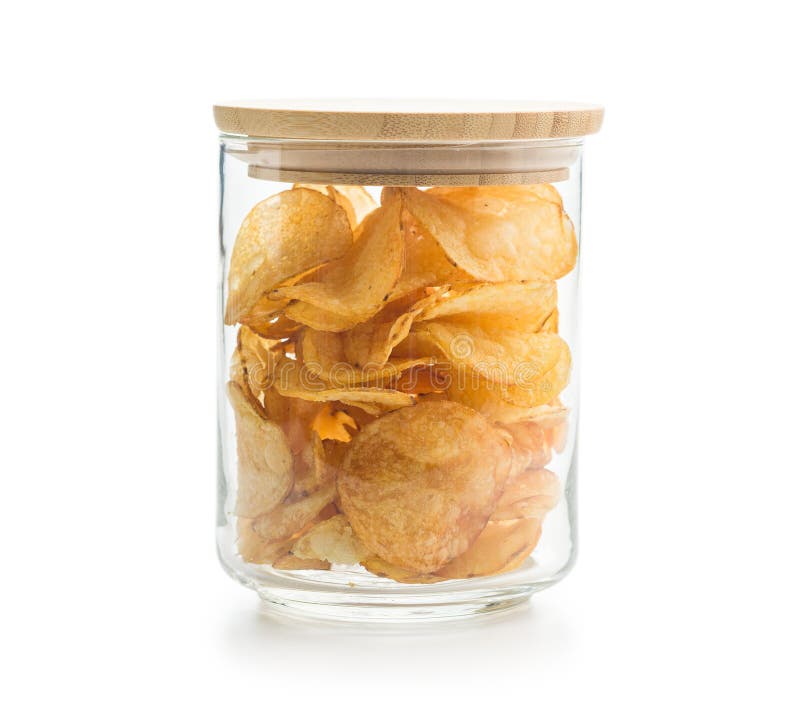 Close Up of Crispy Potato Chips in Jar Isolated on White Background ...