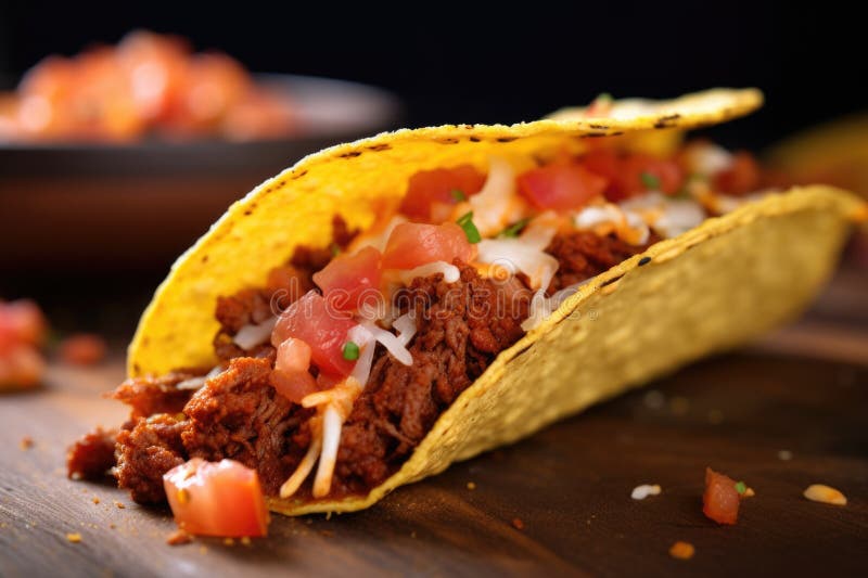 Close-up of a Crispy Taco Shell Filled with Seasoned Beef Stock ...