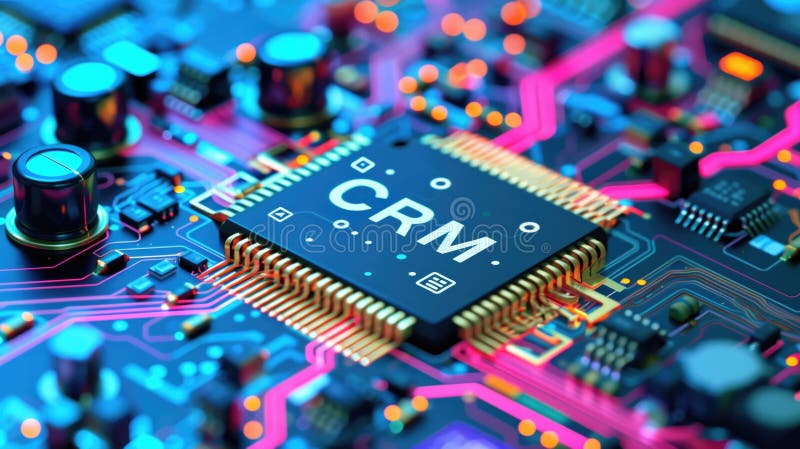 Close-up of a CRM Chip on a Colorful Circuit Board with Glowing ...