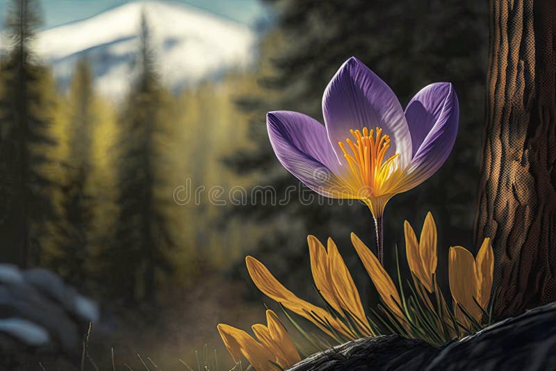 Close-up of Crocus Flower, with a Backdrop of Towering Trees Stock ...