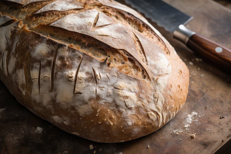 Close-up of Crusty Loaf of Bread, with Knife Marks Scoring the Surface ...