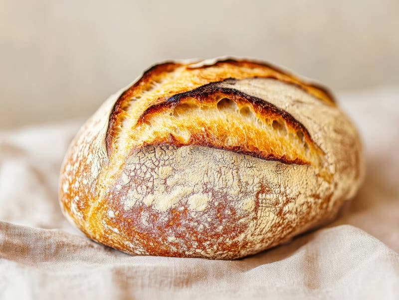 Crusty Artisan Sourdough Loaf with Deep Scoring on Linen Stock Image ...