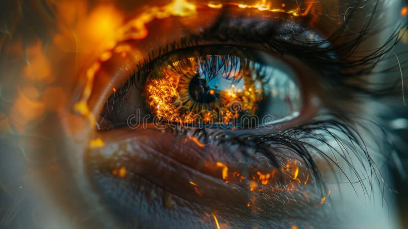 Close-up of a Crying Eye with Forest Fire Reflections. Forest Fire ...