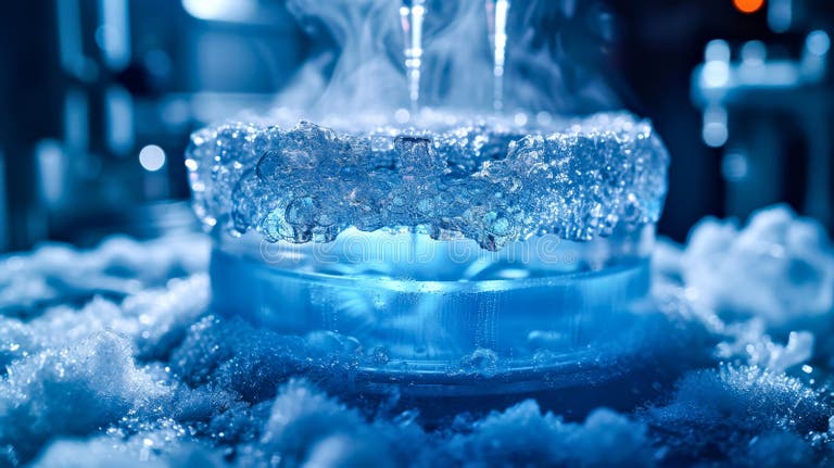 Close-up of a Cryogenic Freezing Process with Ice Forming in a Lab ...