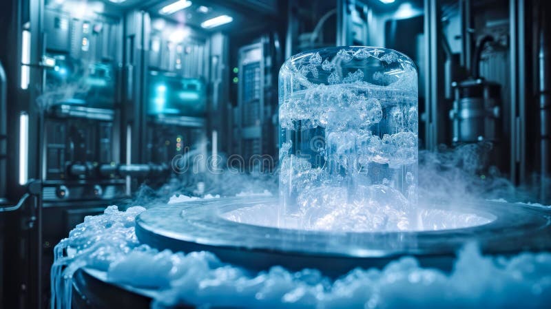Close-up of a Cryogenic Freezing Process with Ice Forming in a Lab ...