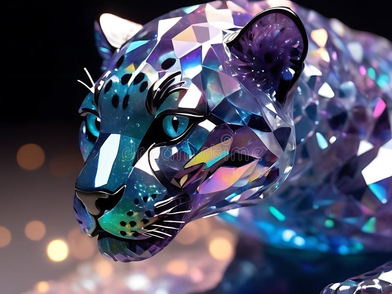 A Close Up of a Crystal Leopard Statue on a Black Surface Stock ...