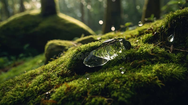 Clear Quartz Crystal on Lush Green Moss in Forest Stock Illustration ...