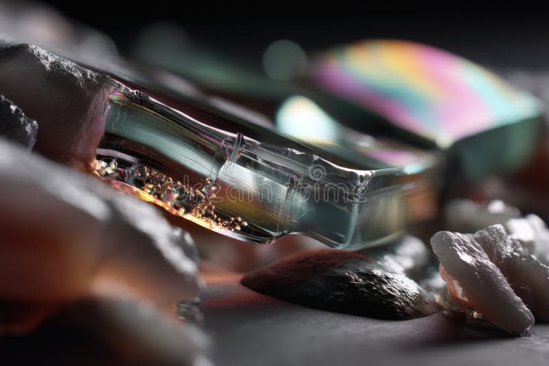 Close-up of Crystals and Iridescent Glass on Dark Surface Stock Image ...