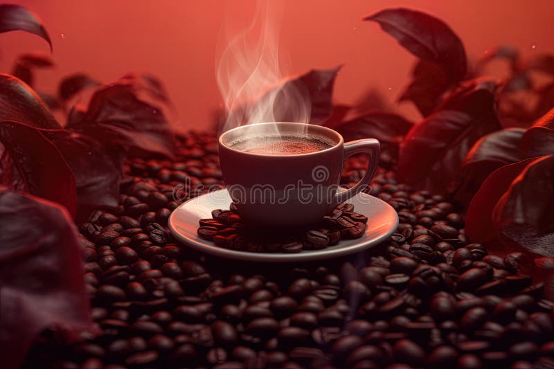 Close-up with Cup and Coffee Beans, Smoke and Plants on Background with ...