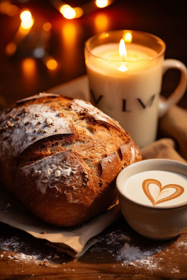 Close-up of Cup of Coffee, Bread Loaf and a Candle Light Stock ...