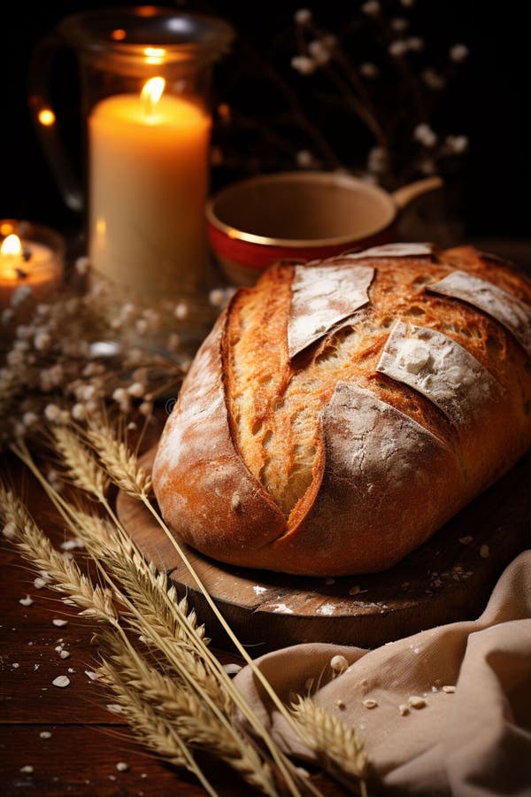 Close-up of Cup of Coffee, Bread Loaf and a Candle Light Stock ...