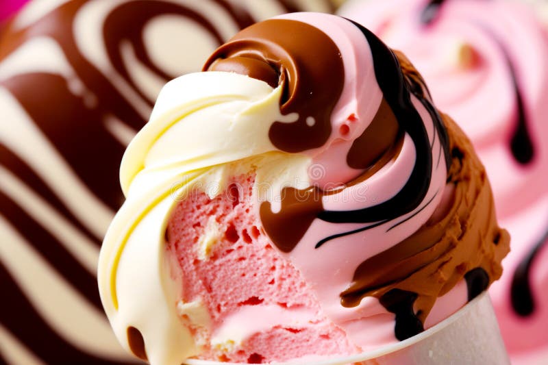 Close Up of Cup of Ice Cream with Chocolate and Pink Icing. Generative ...