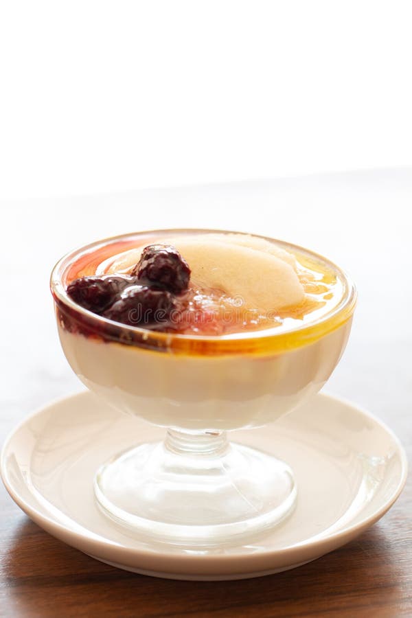 Close-up a Cup of Pudding with Apple Syrup and Berries Stock Photo ...