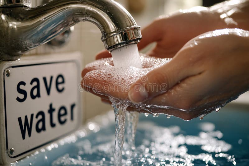 Close Up of Cupped Hands Catching Water from Water Tab with Sign Save ...