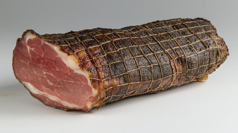Cured Meat with String Netting Close-up on White Background Stock ...