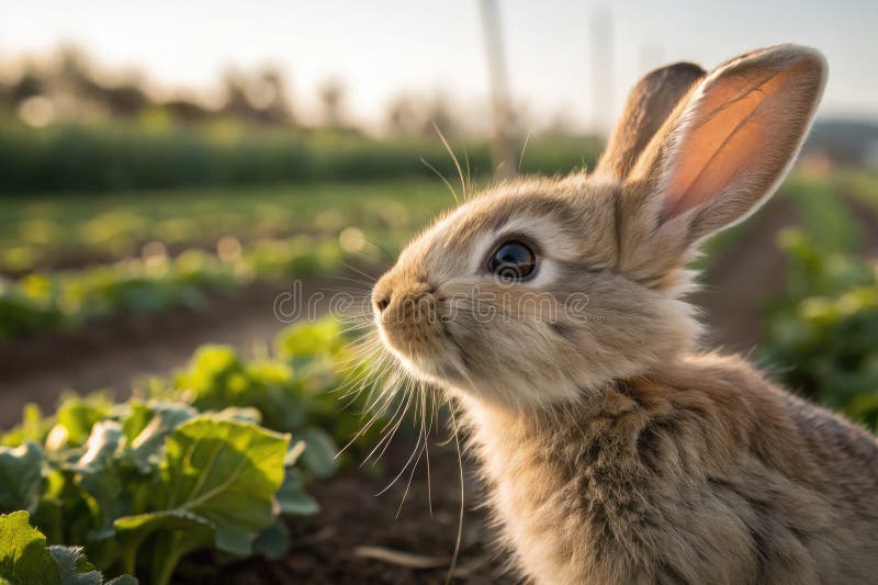 Close Up of a Curious Bunny Exploring a Blurred Vegetable Patch at ...