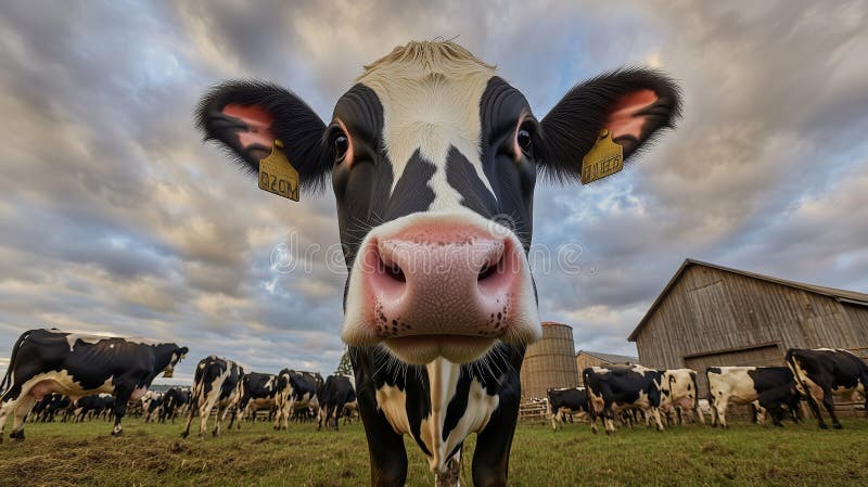 Curious Cow Posing on Farm with Herd Under Cloudy Sky Stock Photo ...