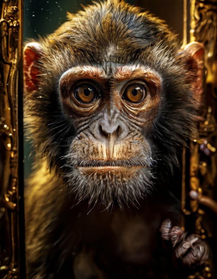 Curious Monkey Peering through an Ornate Golden Frame Stock Photo ...