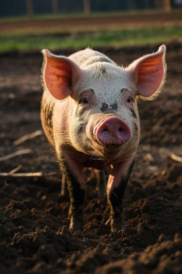 Adorable Piglet on Farm, Golden Hour Light Stock Illustration ...